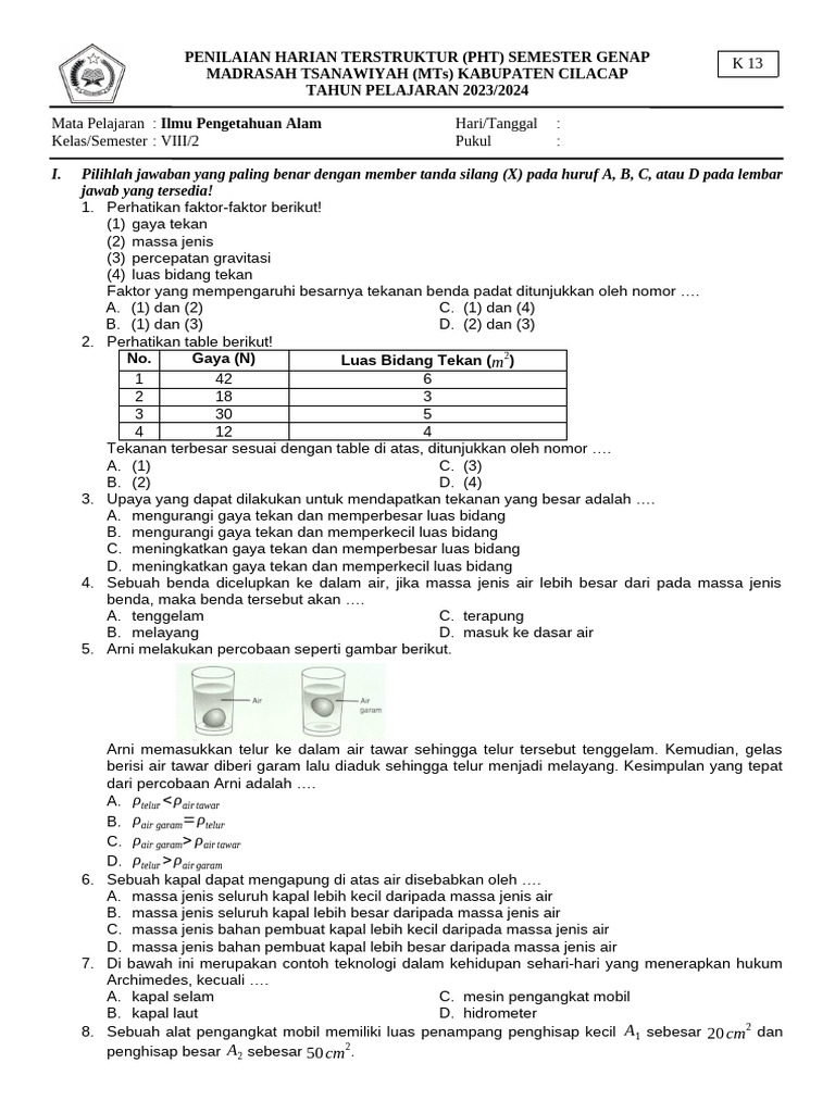 Soal Ipa 8 K13 PHT | PDF | Metode & Bahan Ajar