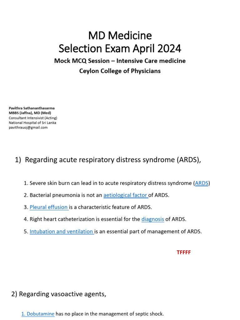 Critical Care - MD Medicine MCQs With Answers Final | PDF | Sepsis ...