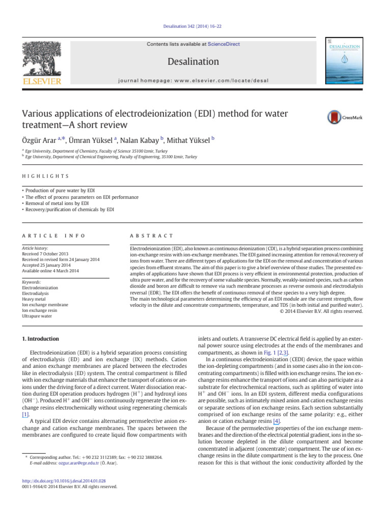 Various Applications of Electrodeionization (EDI) Method For Water ...