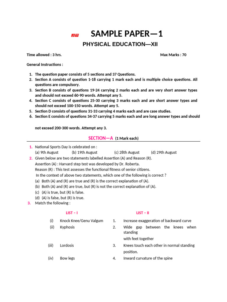 Class 12 Physical Education Sample Paper | PDF | Extraversion And ...