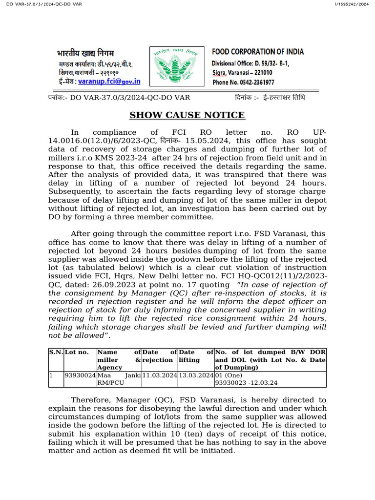 FCI Varanasi Storage Violation Notice | PDF