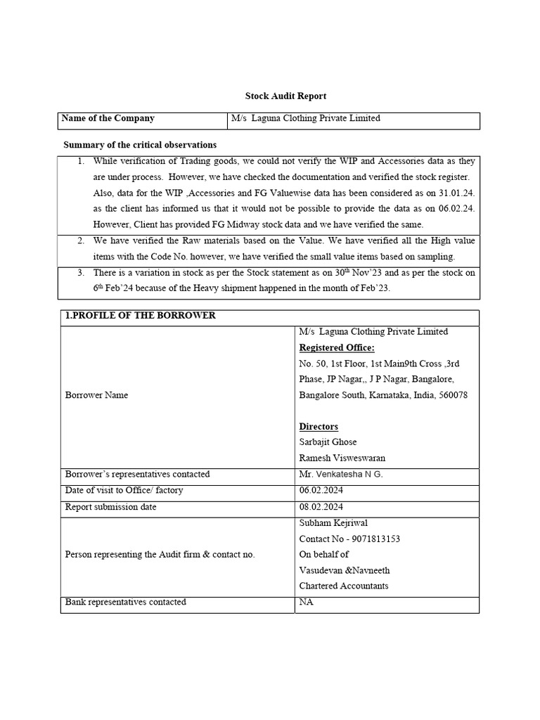 Laguna Clothing Audit Doddaballapur Report | PDF | Audit | Inventory