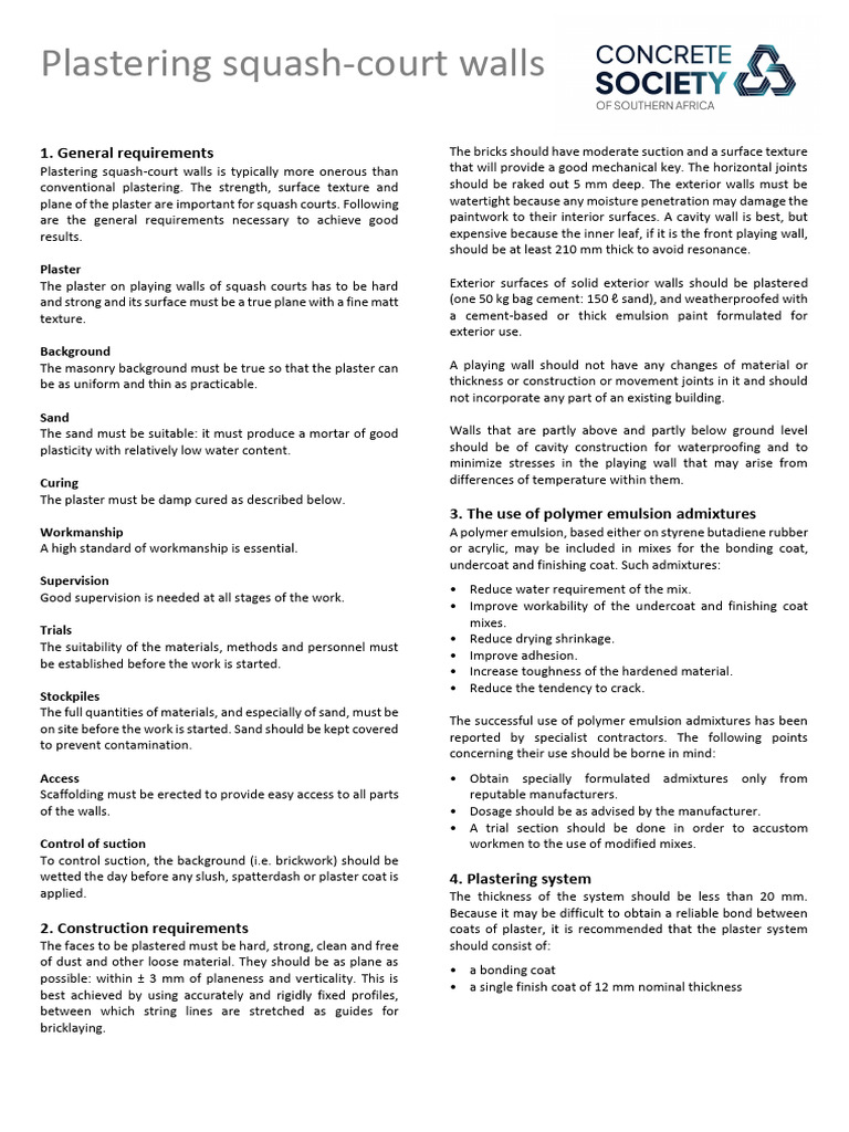 Plastering Squash Court Walls 2024 | PDF | Plaster | Sand