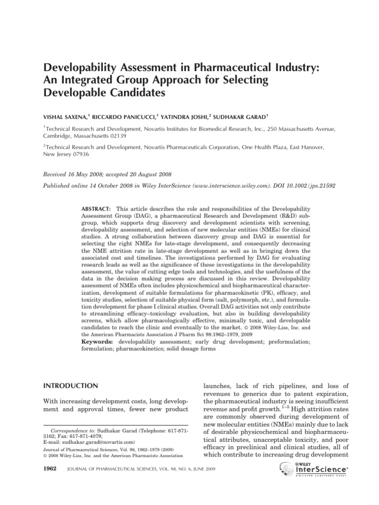 Developability Assessment in Pharmaceutical Industry An Integrated Group Approach For | PDF ...
