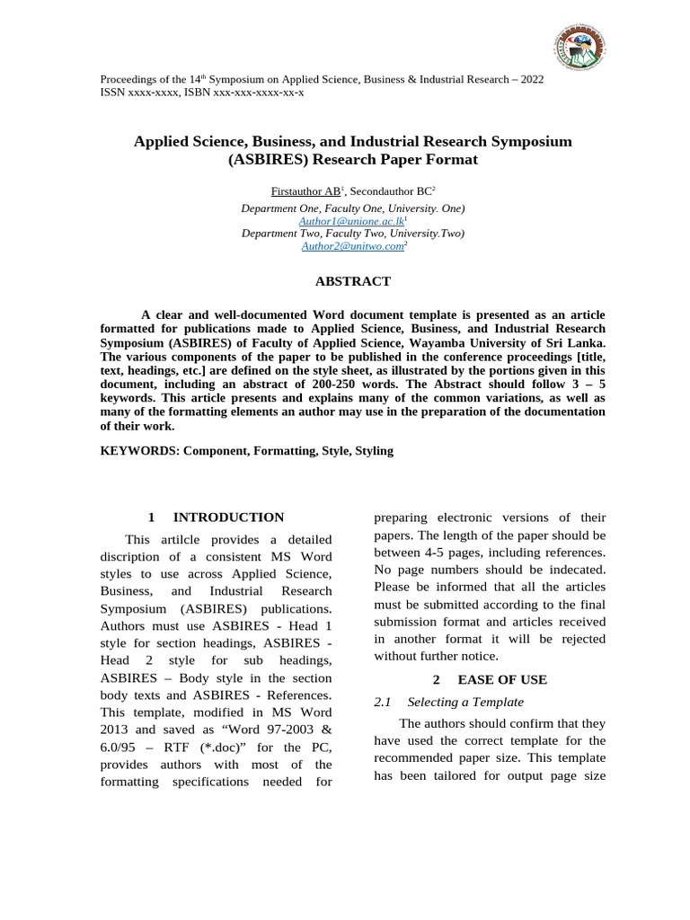 ASBIRES 2022 Paper Formatting Guide | PDF | Microsoft Word | Citation
