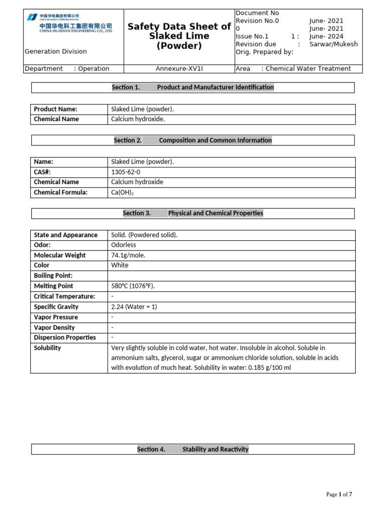 Annexure-XVII Slaked Lime SDS | PDF | Chlorine | Chemistry