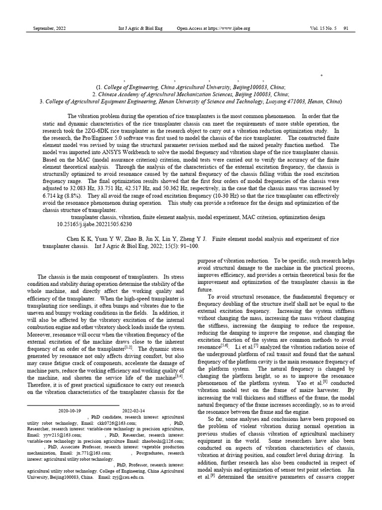 Finite Element Modal Analysis and Experiment of Rice Transplanter Chassis | PDF | Eigenvalues ...