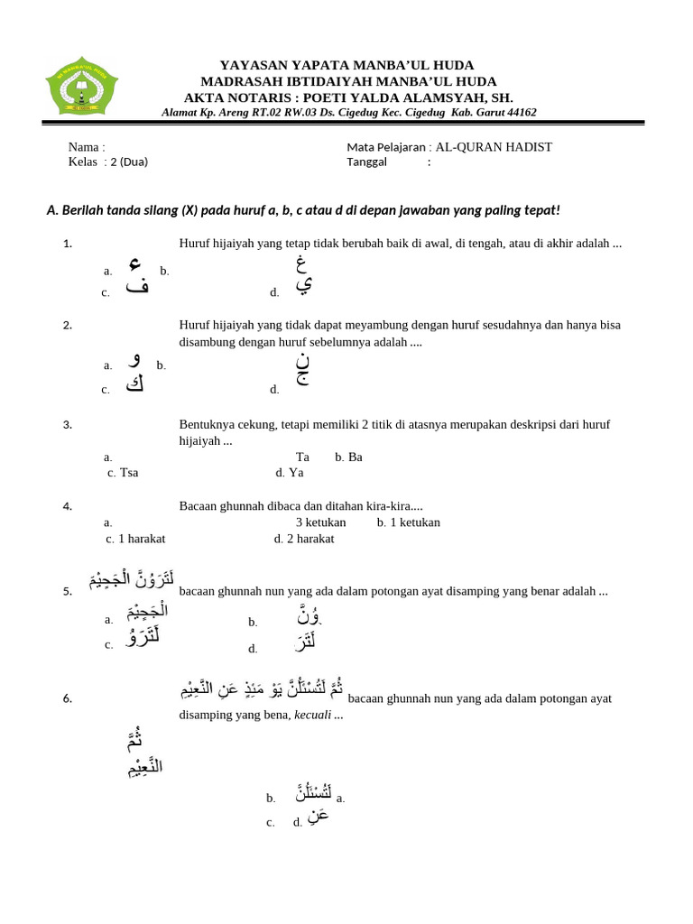 10 SOAL PAS QURDIS KELAS 2 - WWW - Pojoksekolah | PDF