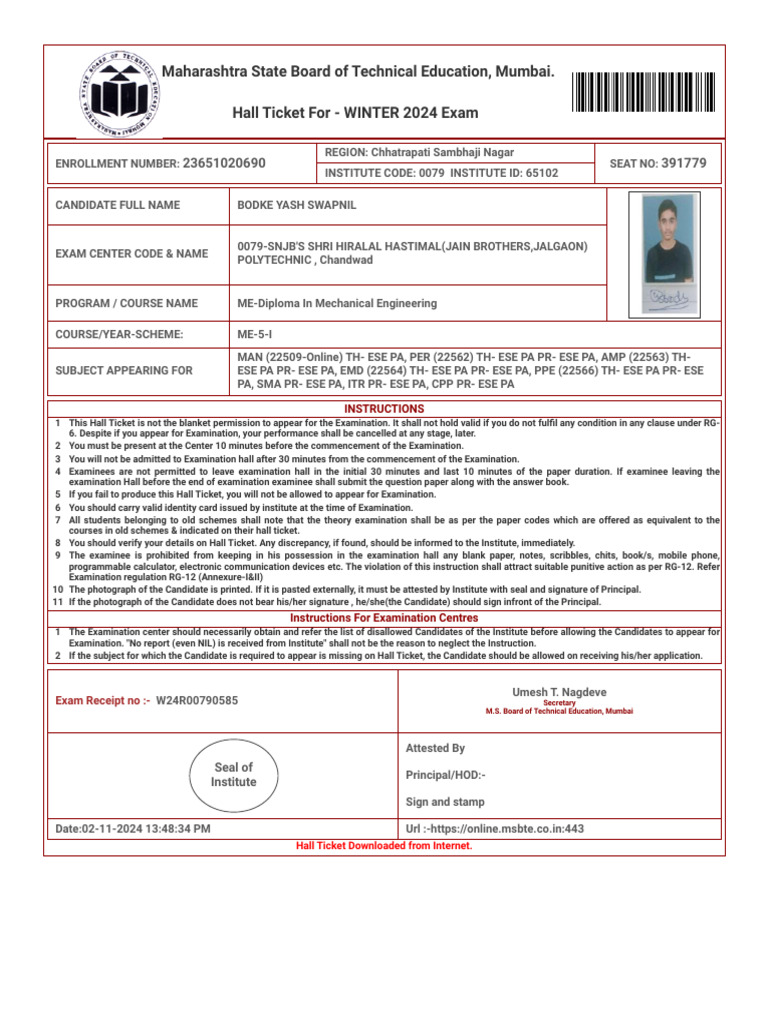 Yash Bodke Hall Ticket Winter2024 | PDF