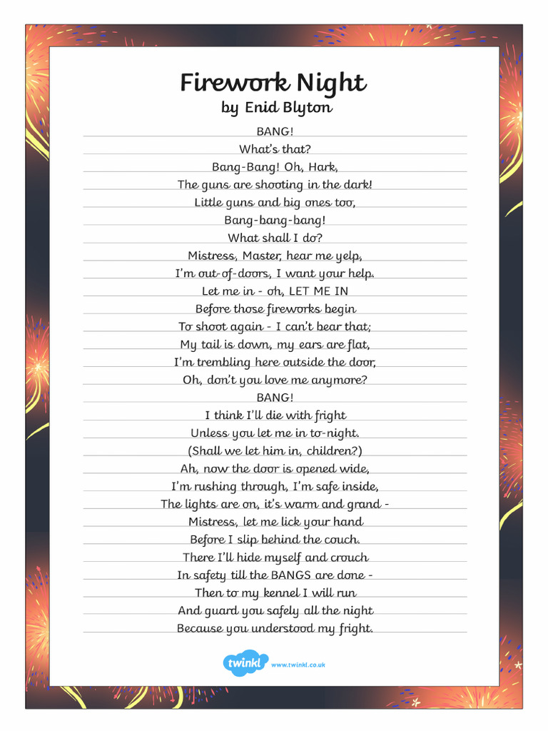 Firework Night by Enid Blyton Poem Handwriting Practice | PDF