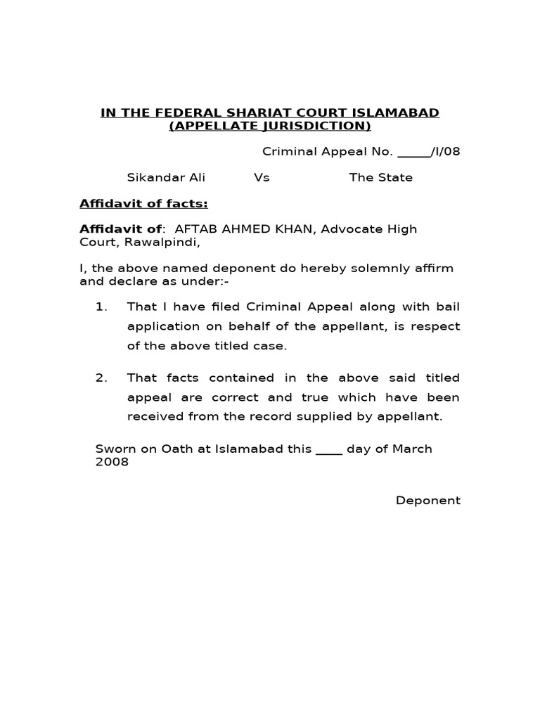Appeal in Shariat Court Against 11 Hadd Zina Sentence | PDF | Affidavit ...