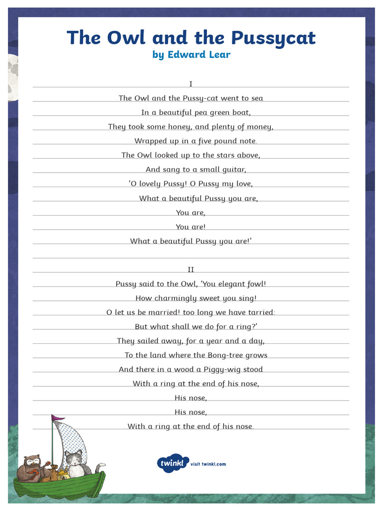 The Owl and The Pussycat Cursive Unlooped Activity Sheet | PDF | Poems ...