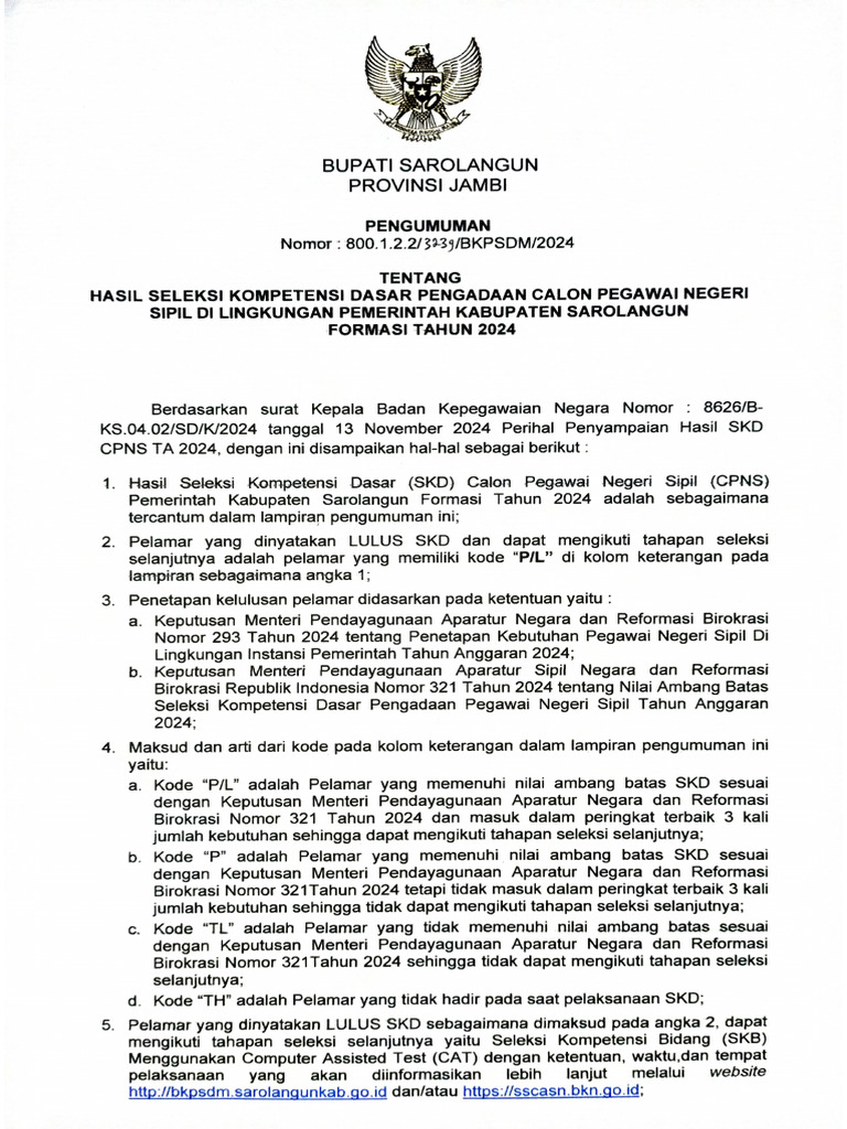 Pengumuman Hasil Seleksi Kompetensi Dasar (SKD) CPNS Pemerintah Kabupaten Sarolangun T.A. 2024 | PDF