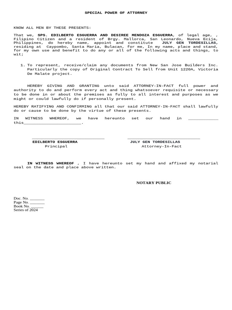 Special Power of Attorney Document | PDF