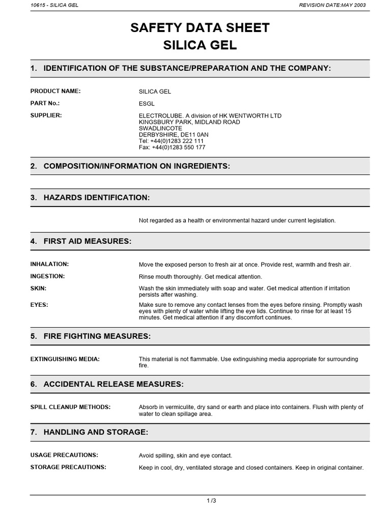 Safety Data Sheet Silica Gel: Product Name: PART No.: Supplier | PDF ...
