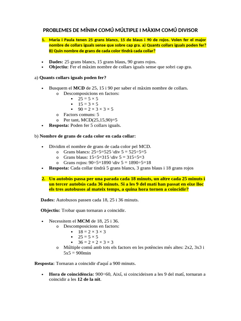 Problemes de Mínim Comú Múltiple I Màxim Comú Divisor | PDF