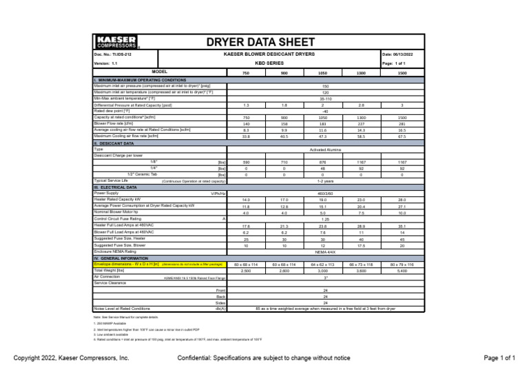 KBD 750 1500 Dryers Engineering Data Sheet | PDF | Fuse (Electrical ...