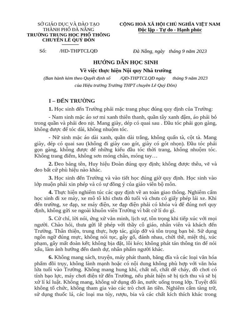 Chuyen LQD Huong Dan Thuc Hien NOI QUY HOC SINH 08092023 | PDF