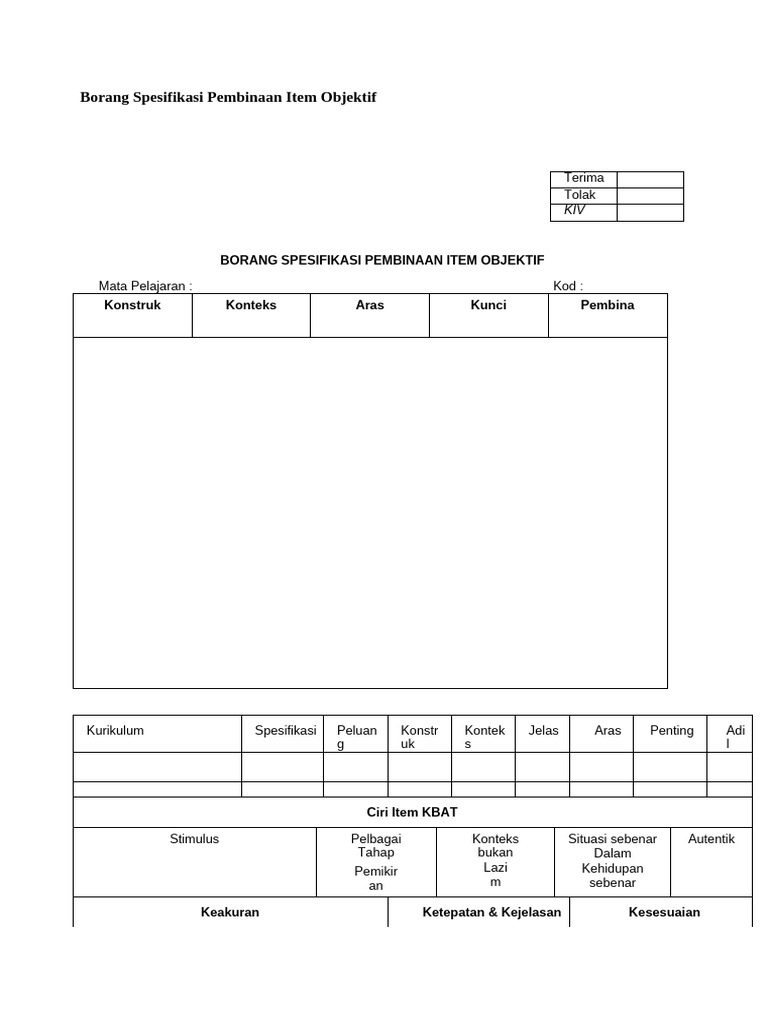 Spesifikasi Item Objektif Pembinaan KBAT | PDF