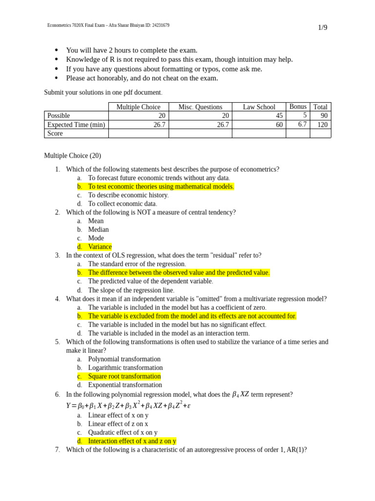 Econ7020X 2024S FinalExam | PDF | Regression Analysis | Econometrics