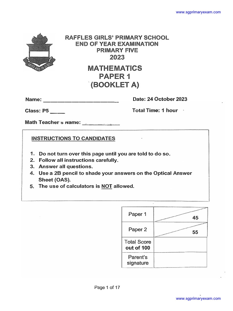 2023 P5 Maths End of Year Exam Raffles | PDF | Science | Mathematics
