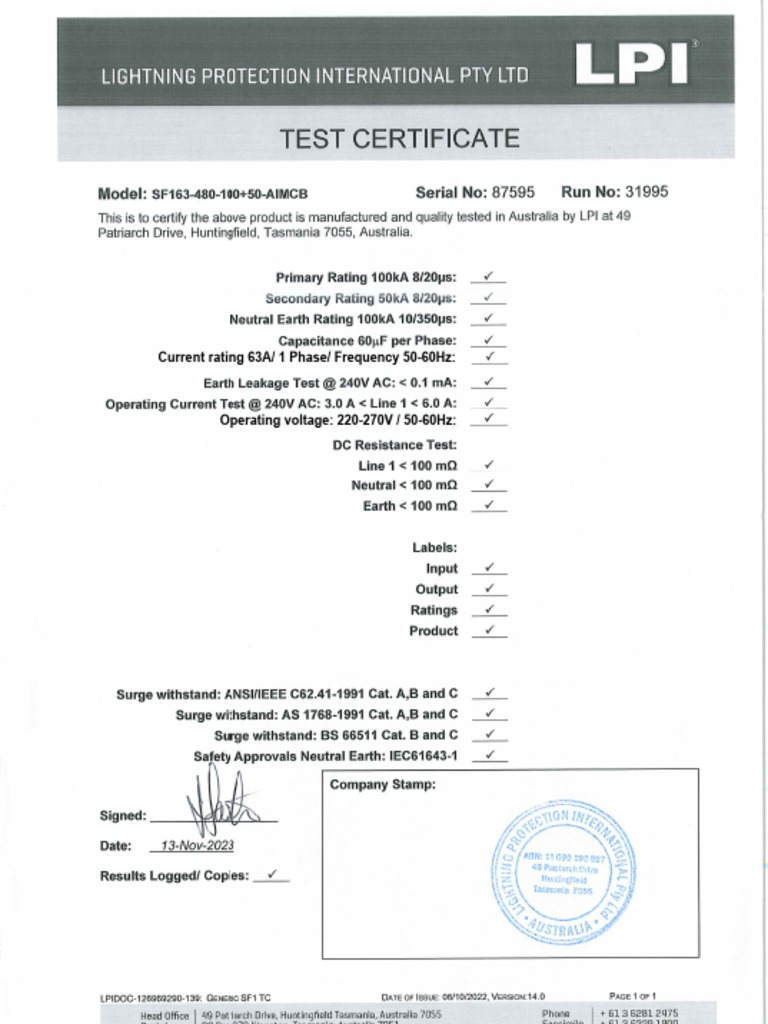 Test certificate Tủ chống sét LPI | PDF