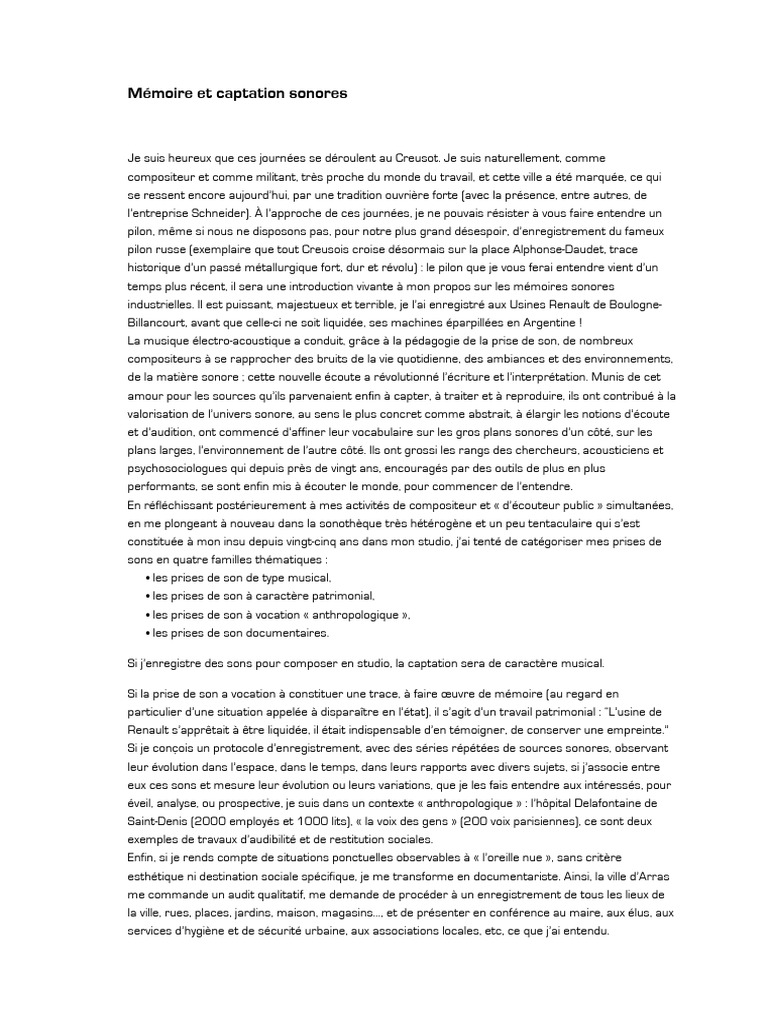 Me Moire Et Captation Sonores | PDF | Bruit | la perception