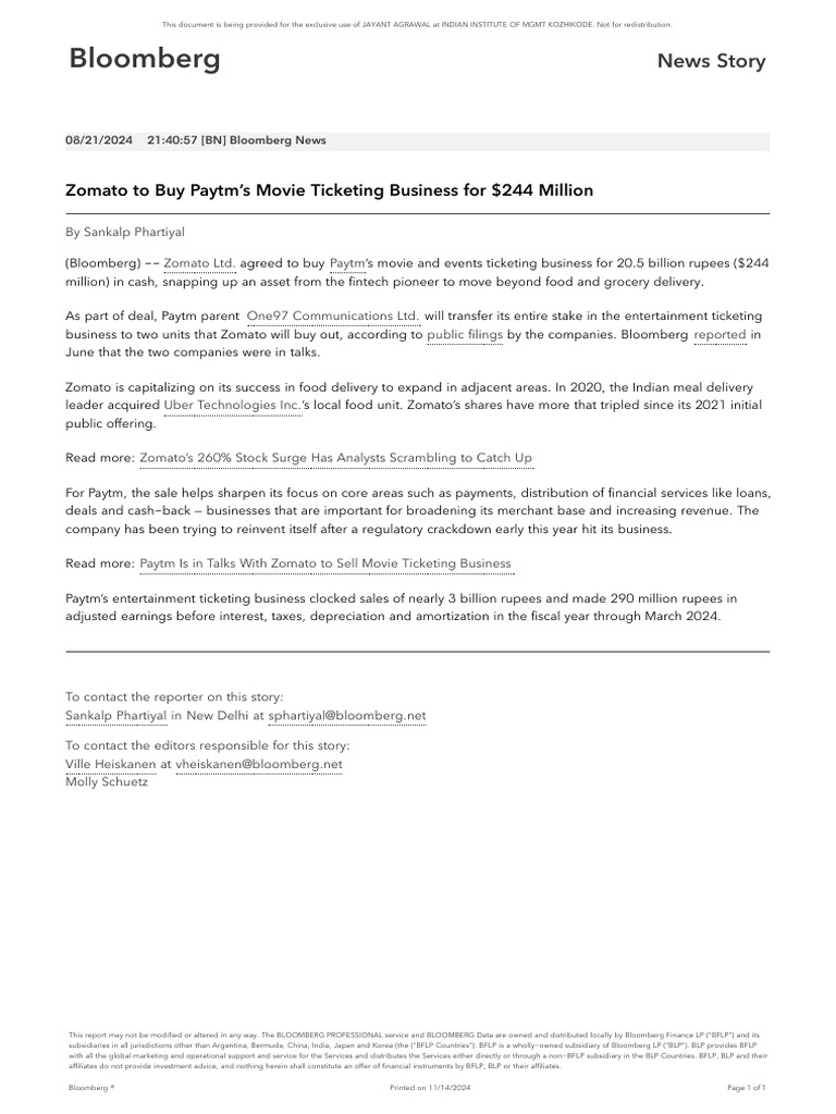Zomato To Buy Paytms Movie Tic | PDF | Bloomberg L.P. | Money