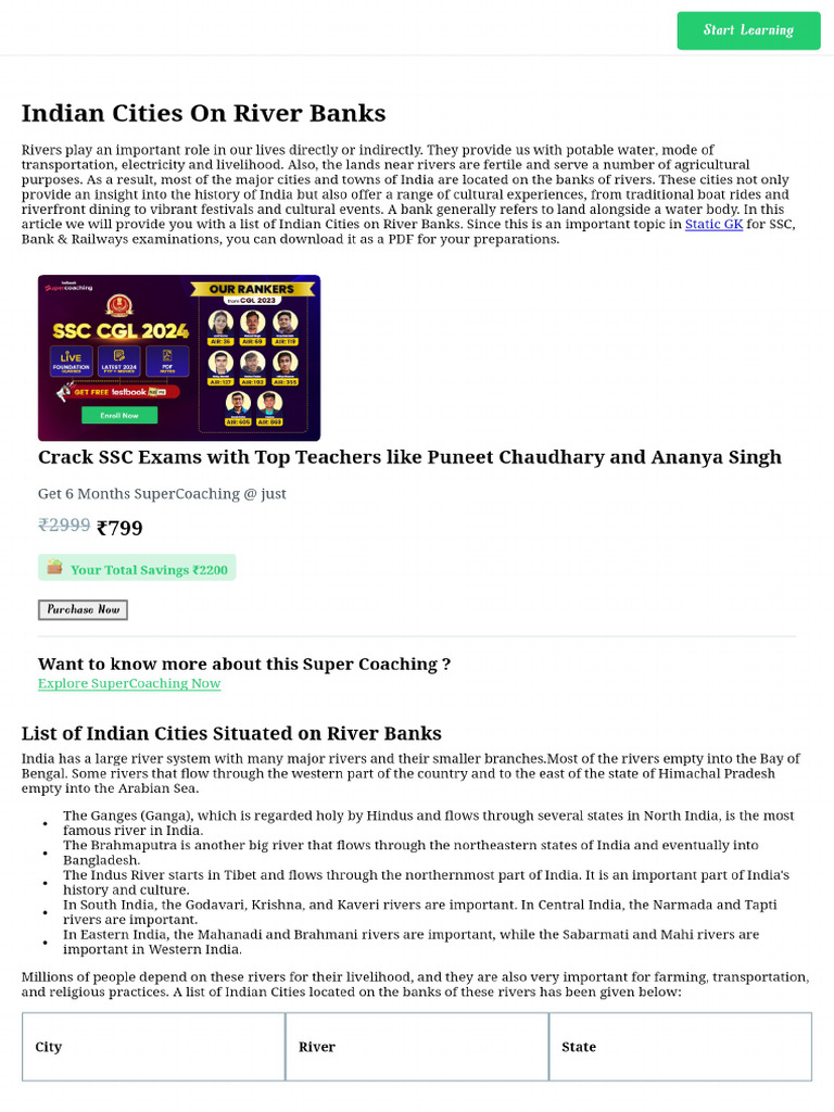 Indian Cities On River Banks - View Complete List Indian Cities | PDF