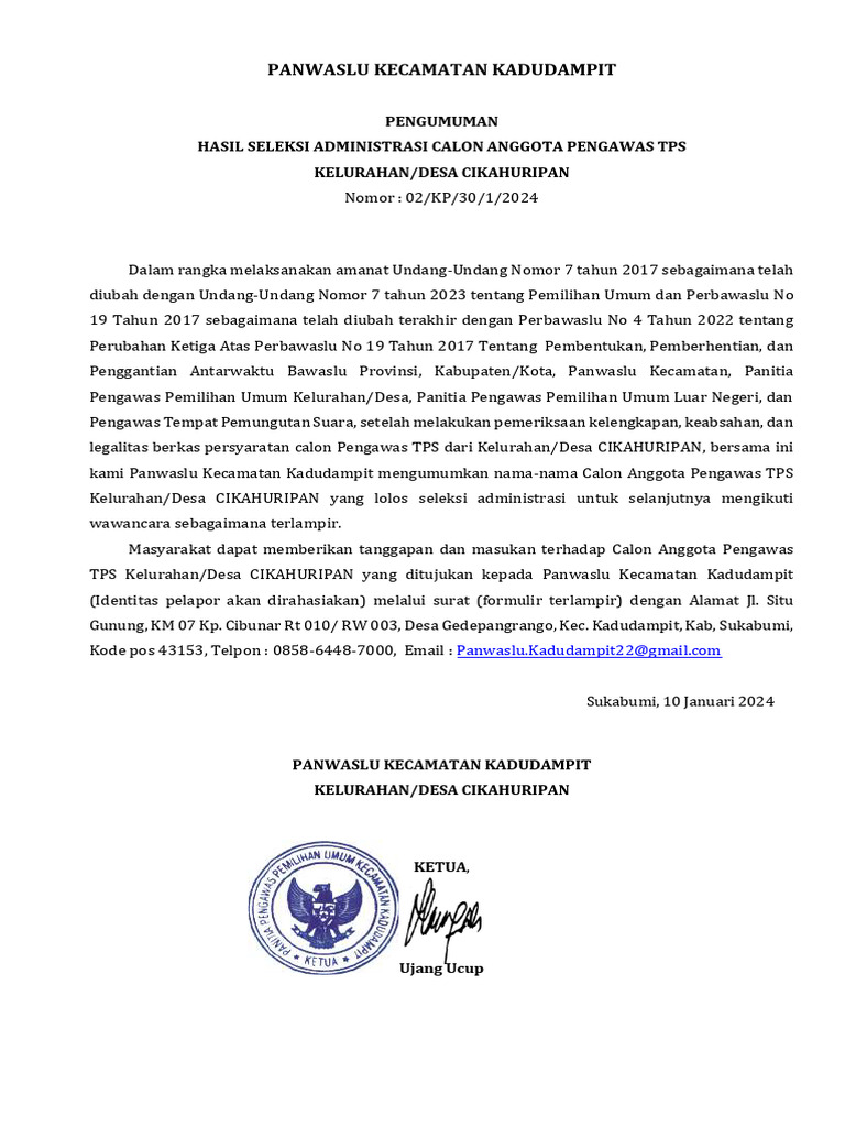 Pengumuman Lolos Seleksi Administrasi | PDF