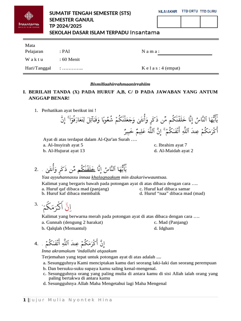 SOAL STS 1 PAI Kelas 4 | PDF