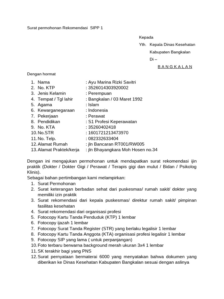 Surat Permohonan Rekomendasi SIPP 1 | PDF