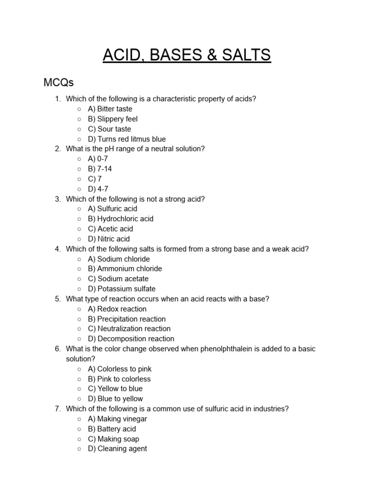 Acids, Bases and Salts MCQs | PDF | Acid | Salt (Chemistry)