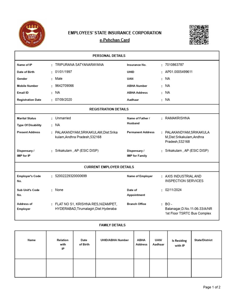 Tripurana Satyanarayana Esi Number | PDF