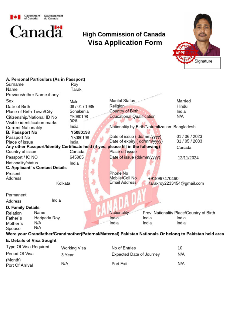 Tarak Roy-Canada-visa-application-form.pdf.. | PDF | Travel Visa | Nationality