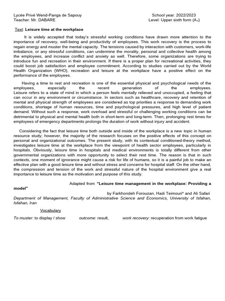 Benefits of Leisure Time at Work | PDF | Social Psychology | Psychology