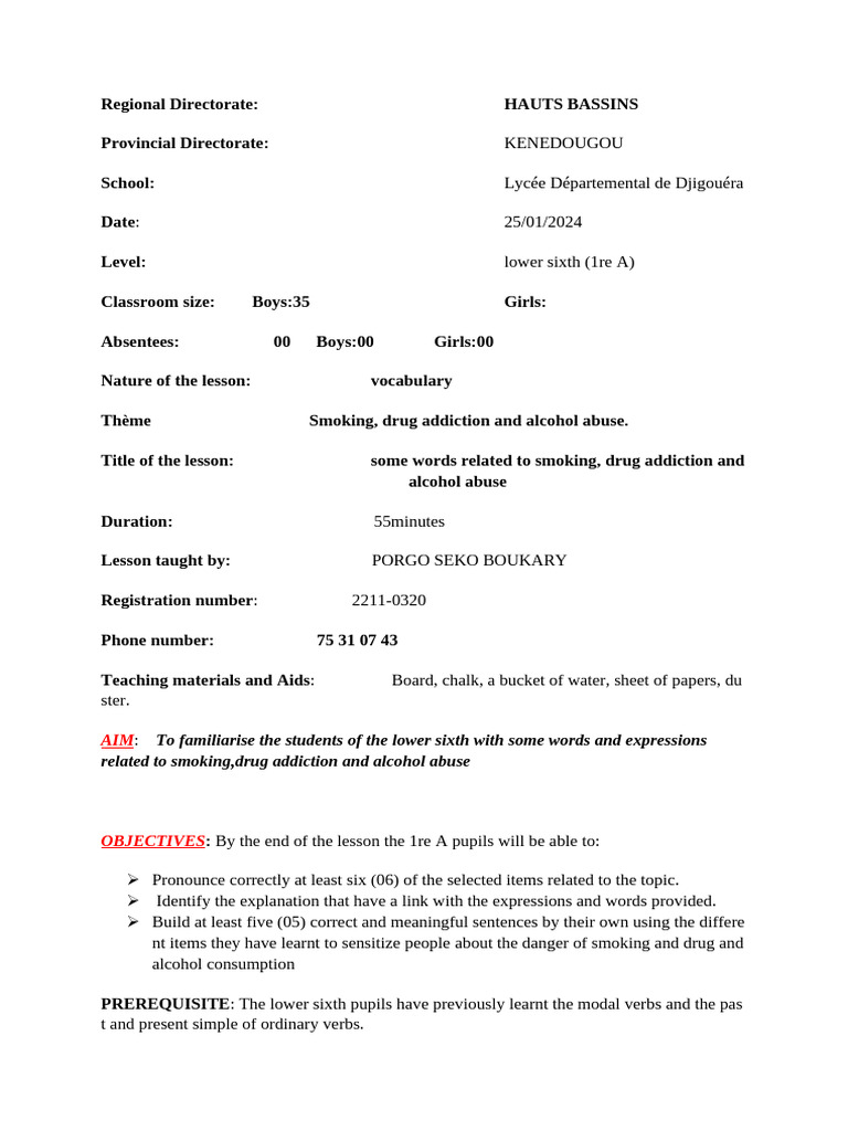 Vocabulary Lesson Plan Smoking and Drug | PDF | Substance Abuse | Smoking