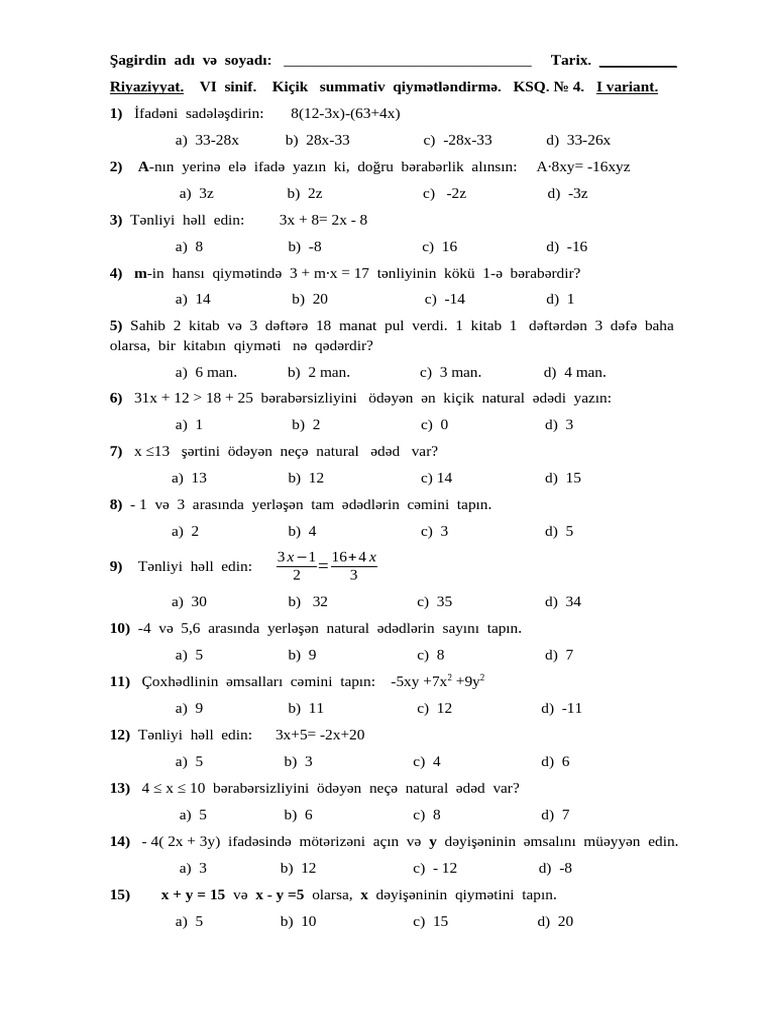 S. Riyaziyyat. KSQ. 4. I II Variant. FƏRMAN VƏLİYEV | PDF
