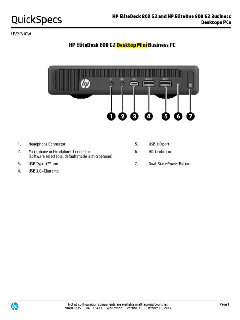 HP EliteDesk 800 G2 QuickSpecs Overview | PDF | Usb | Solid State Drive