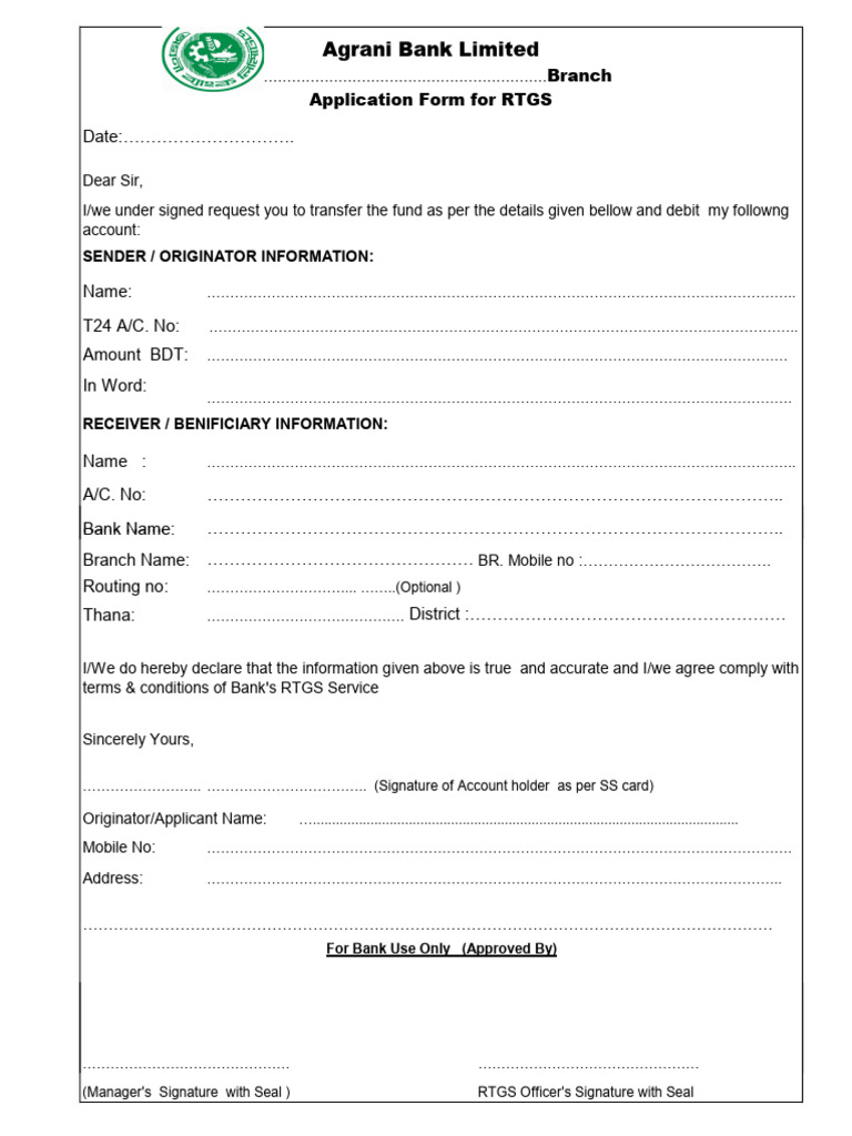 RTGS Application Form | PDF