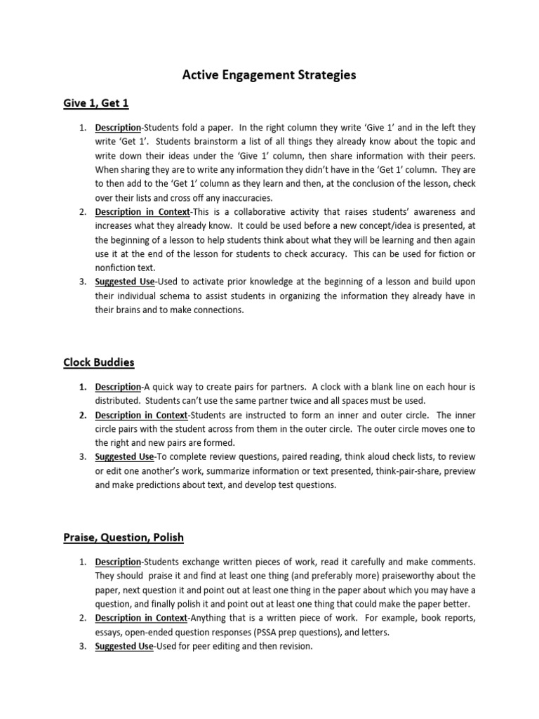 Active Engagement Strategies Compilation | PDF | Vocabulary | Cognition
