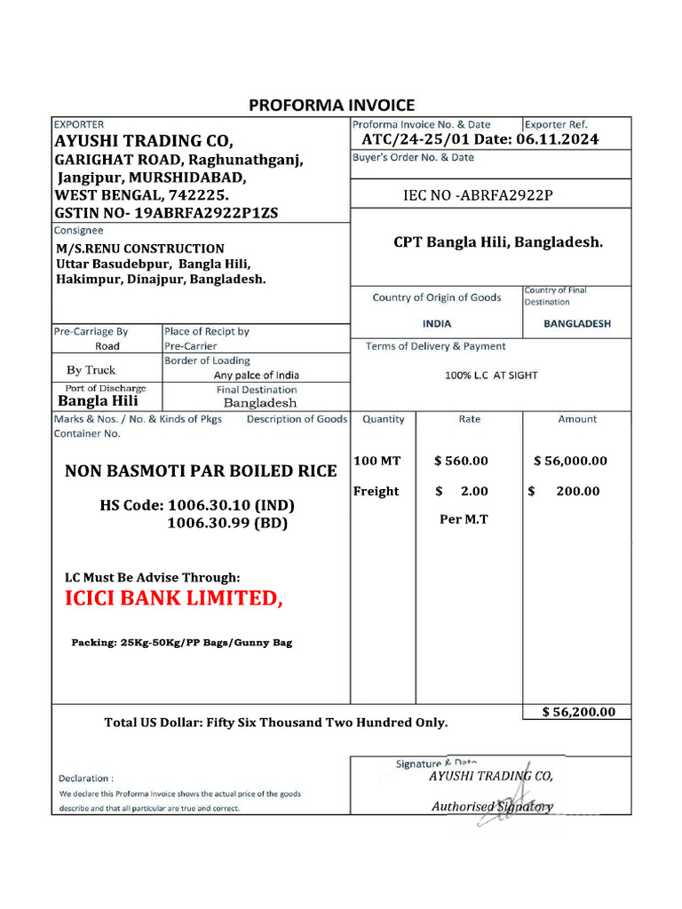 01 Ayushi To Renu Rice Proforma | PDF