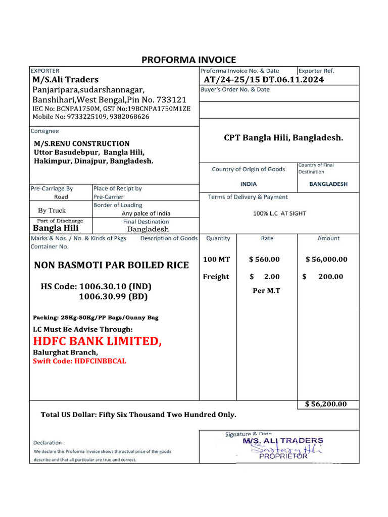 15 Ali & Renu Rice Proforma-1 | PDF