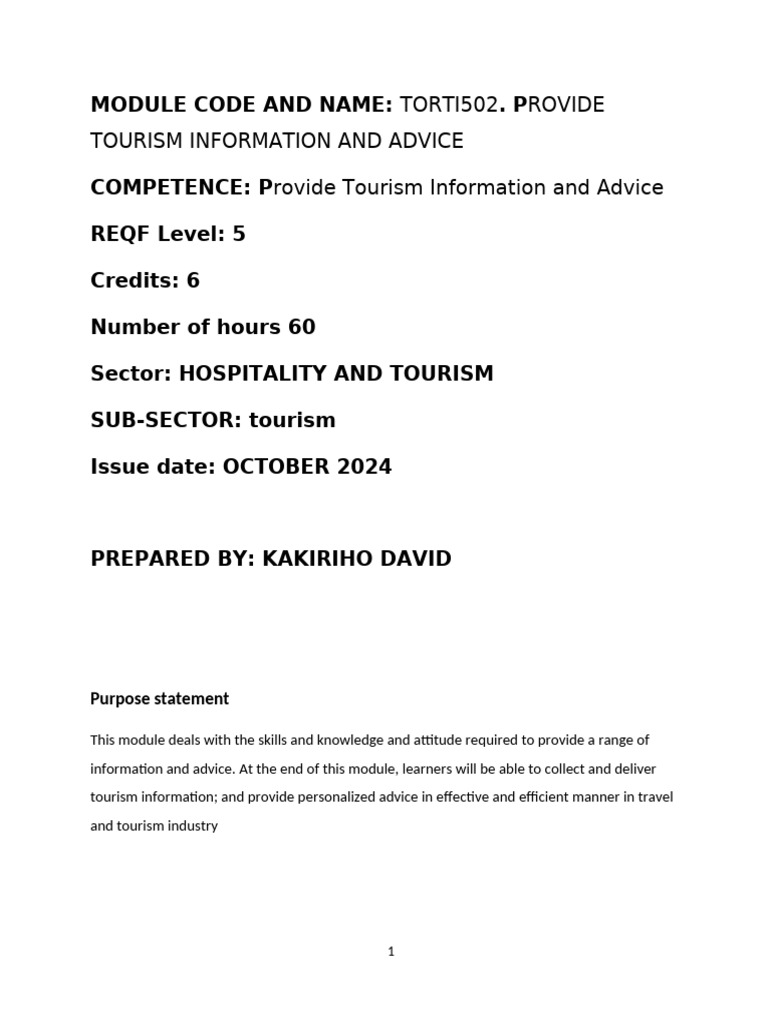 Providing Tourism Information and Advice 2024-2025 | PDF | Tourism ...
