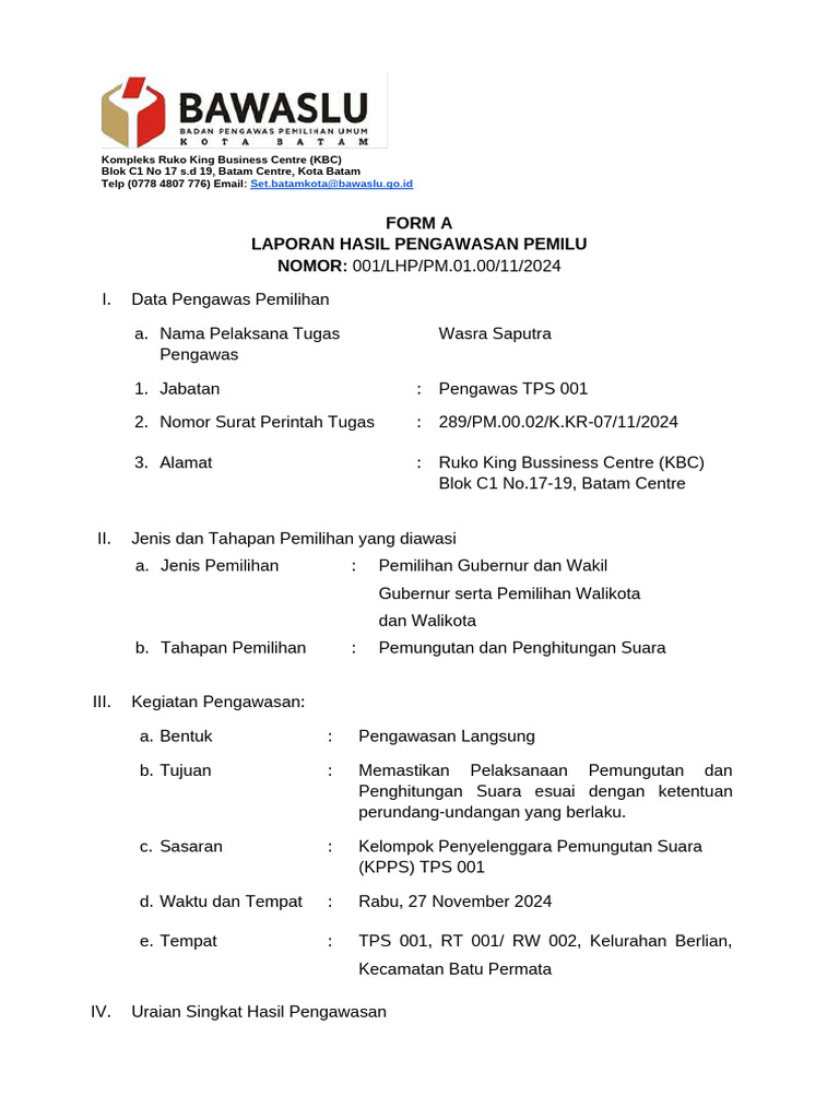 Contoh LHP Pengawasan Pemilu 2024 | PDF