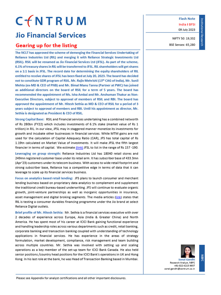 Jio Financial Services Flash Note Centrum 09072023 | PDF | Investment Banking | Private Sector
