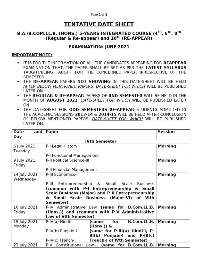 B.A./B.Com.LL.B. Exam Date Sheet 2021 | PDF | Academic Term | Common Law