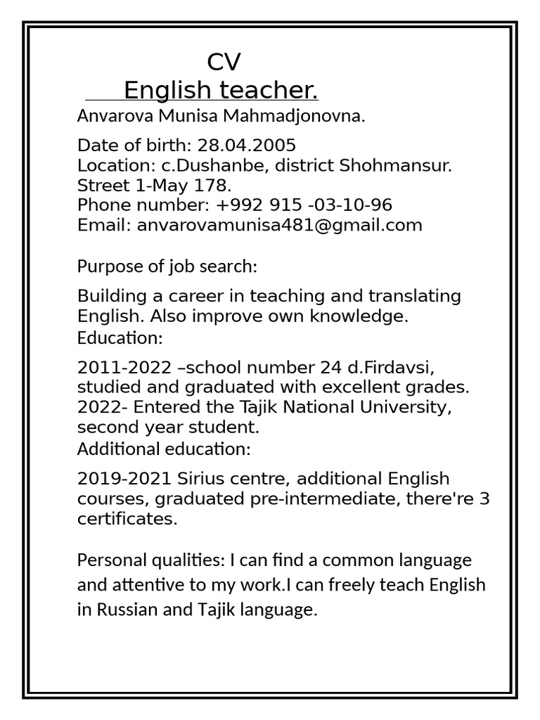 CV English Teacher.: Anvarova Munisa Mahmadjonovna | PDF