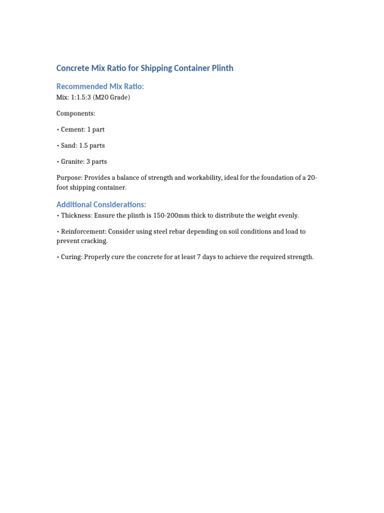 Concrete Mix Ratio For Shipping Container Plinth | PDF