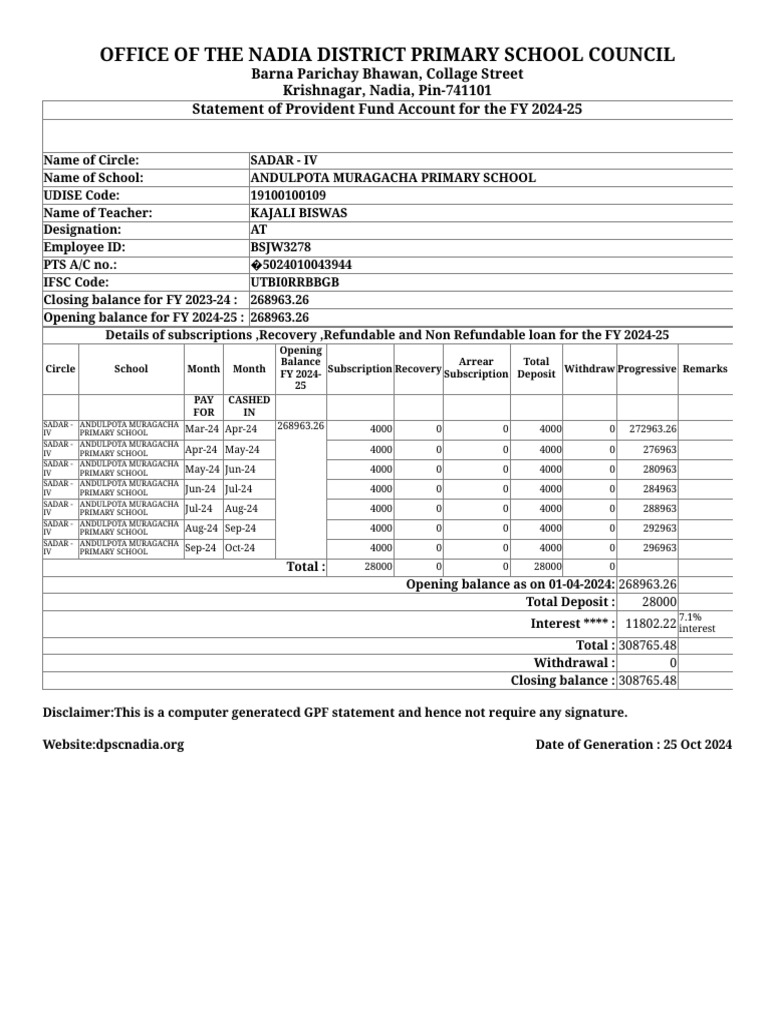 Provident Fund Statement FY 2024-25 | PDF | Financial Services ...